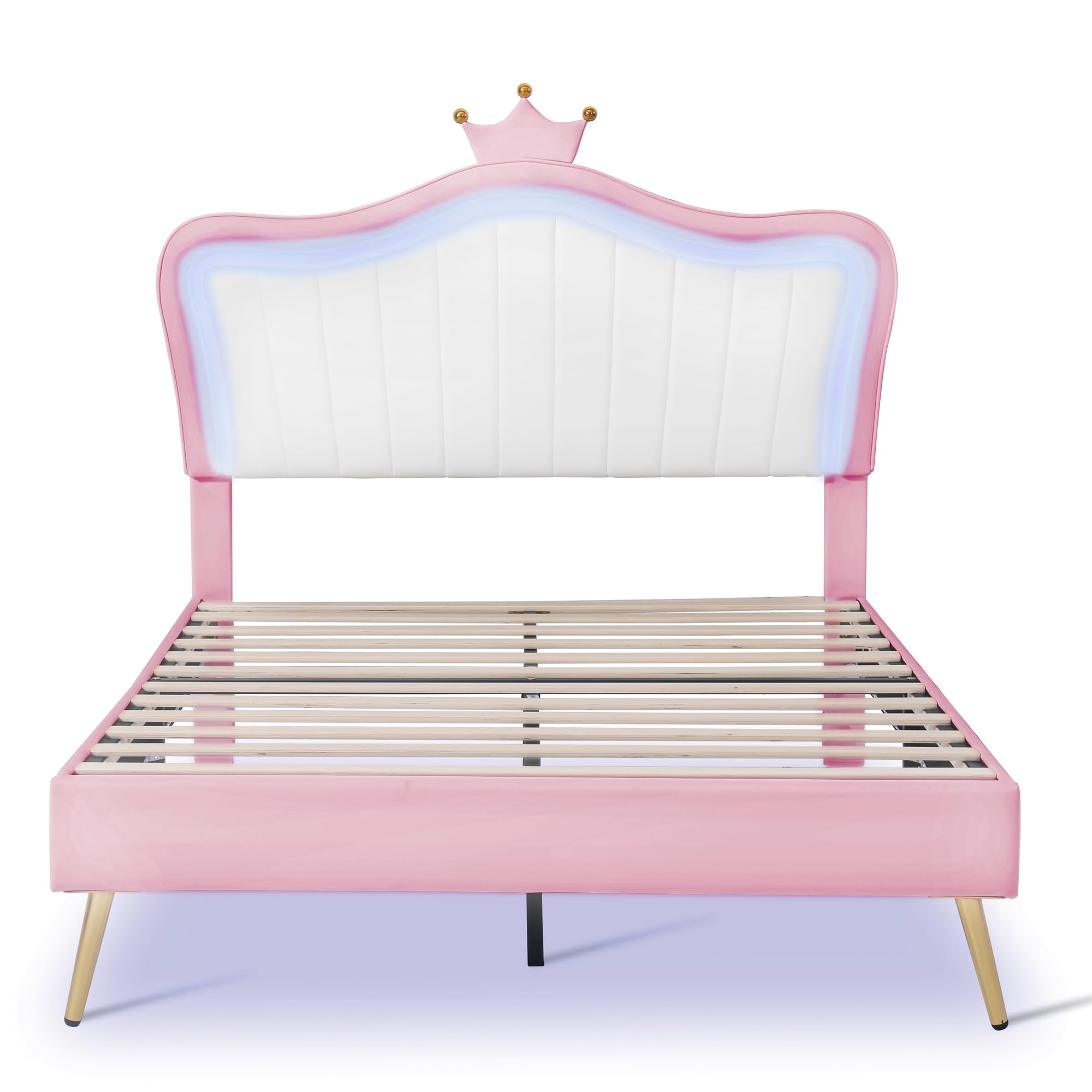 Harper & Bright Designs Full Size Princess Bed with Crown Headboard and LED Lights, PU Upholstered Full Platform Bed with Adjustable Headboard, Kids Full Size Bed Frame for Boys Girls (White+Pink)