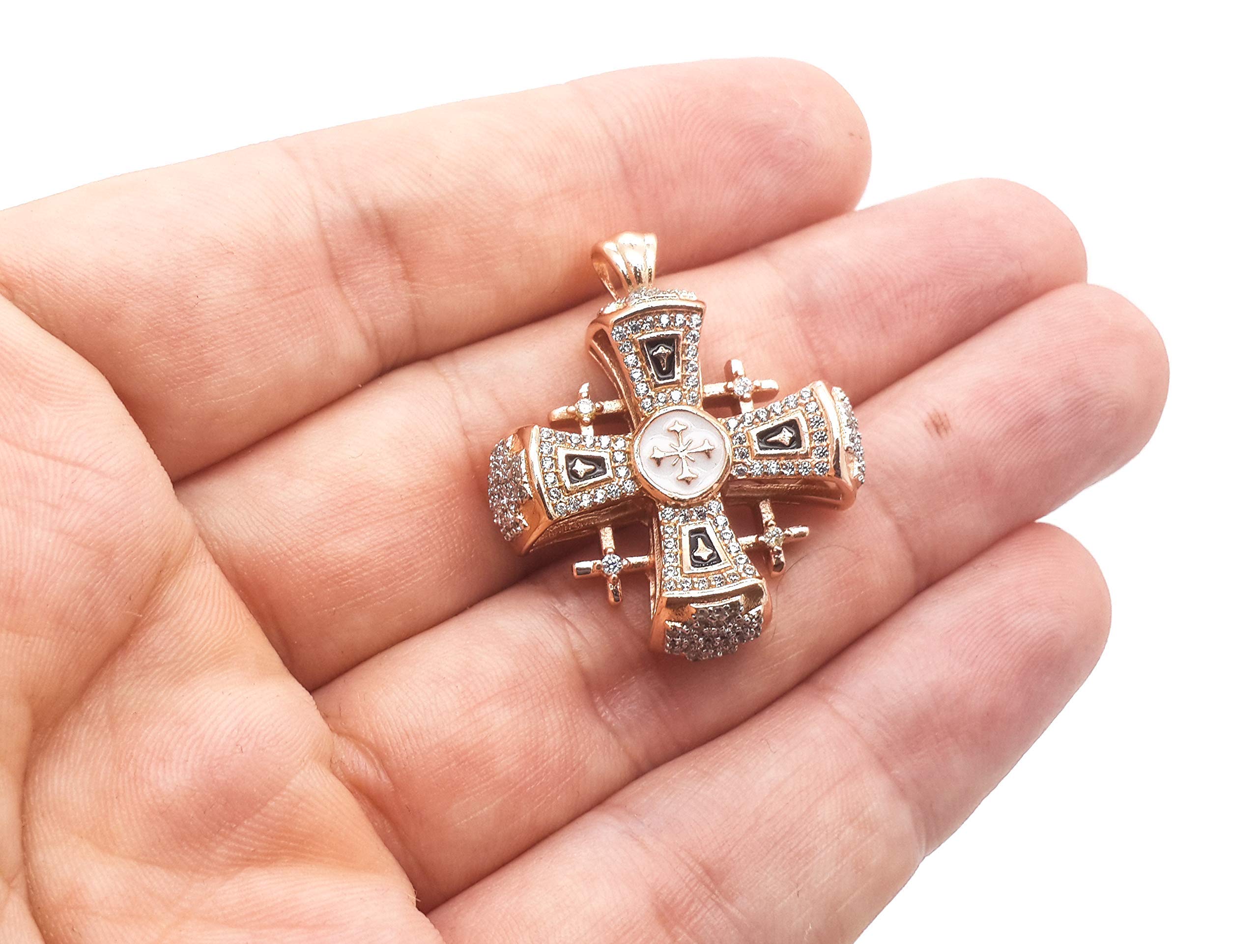 Nazareth Store Crusaders Jerusalem Cross Pendant Necklace Gold Plating 18k Enamel Crystallized Stones 1.3" (Black)