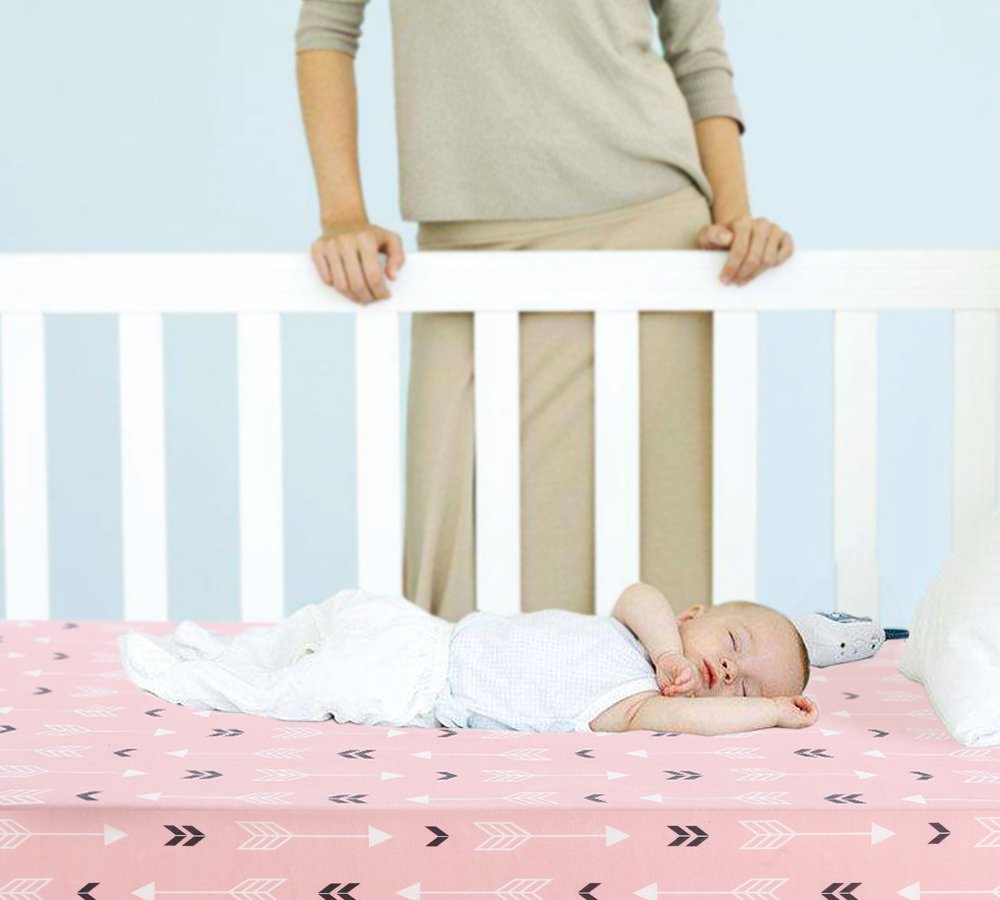 Stretchy Fitted Pack n Play Playard Sheet Set BROLEX 2 Pack Portable Mini Crib Sheets,Convertible Playard Mattress Cover,Ultra Soft Material,Pink White Arrow