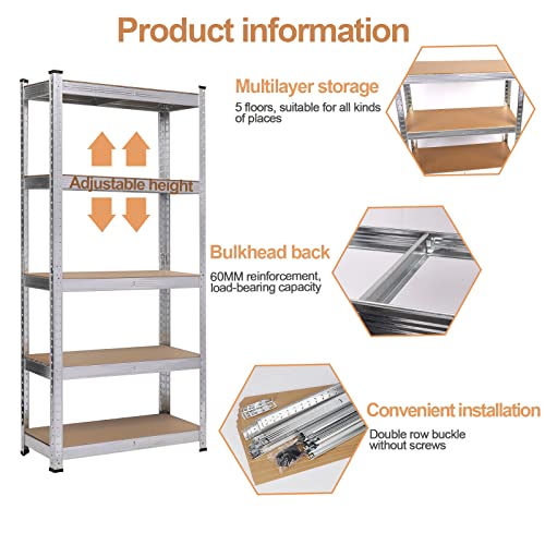 Timati 5-Shelf Adjustable,Heavy Duty Metal Storage Utility Rack,Multipurpose Shelf,Garage Storage Shelves Storage Racks Heavy Duty Shed Shelving- Silvery 27.6" W x 11.8" D x 59" H