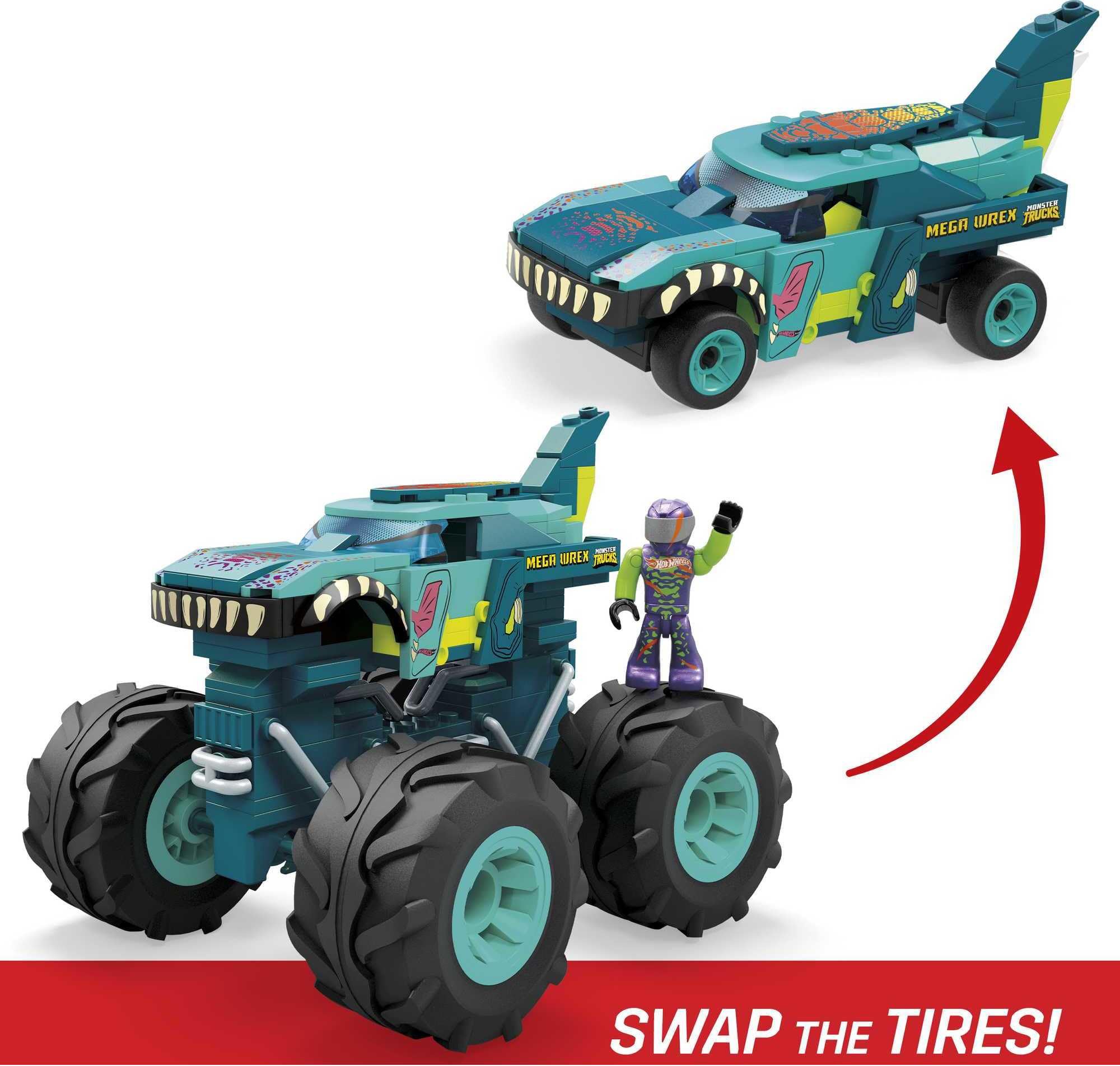 MEGA Construx Hot Wheels Monster Trucks Toy Car Building Set, MEGA-Wrex with 187 Pieces, 1 Micro Action Figure Driver, Red, Kids Age 5+ Years