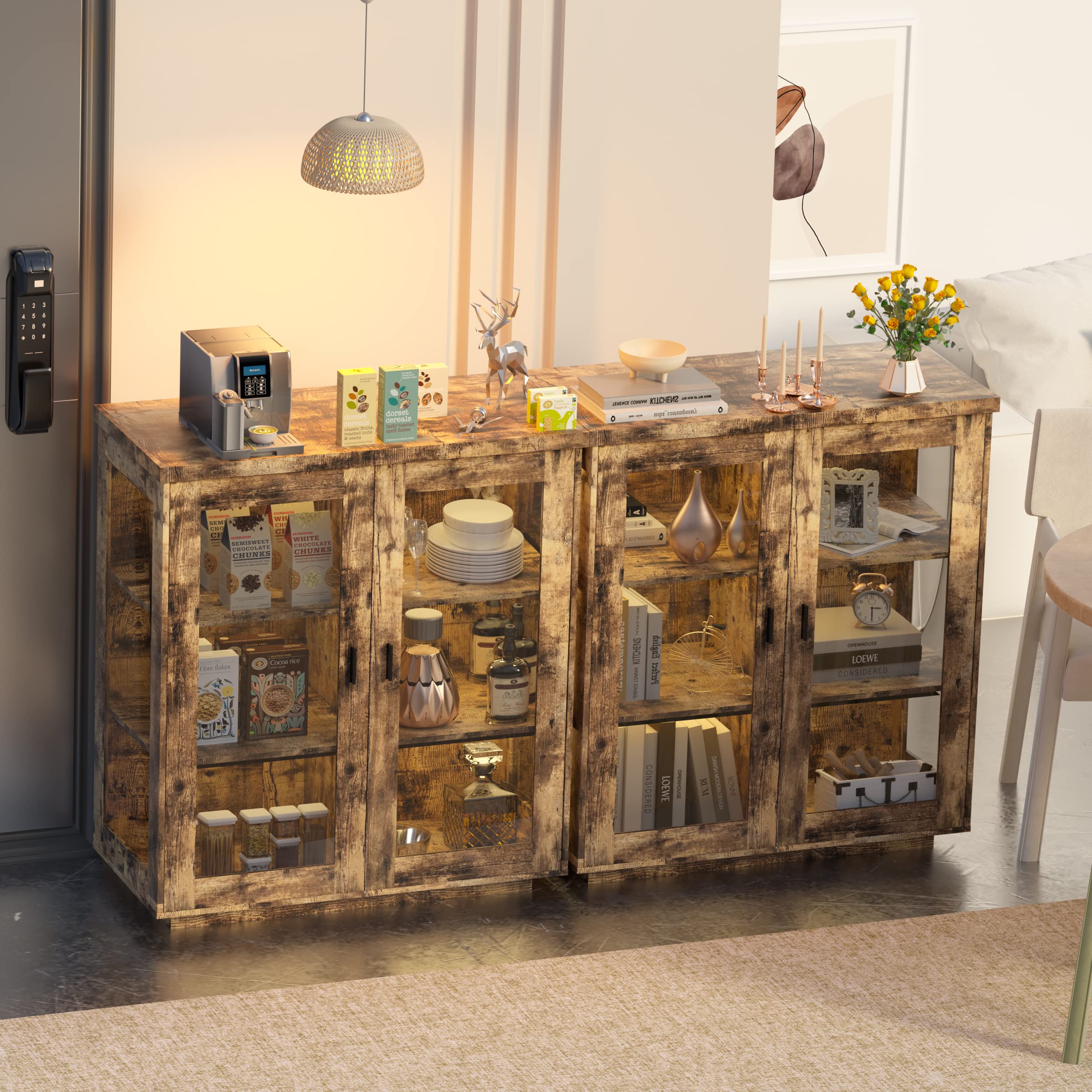 PAKASEPT 37'' Storage Cabinet,Cube Bookshelf Bookcase Display Buffet Accent Cabinet with Shelves and Glass Doors Organizer 3 Tiers Curio Cabinet for Kitchen,Living Room,Brown