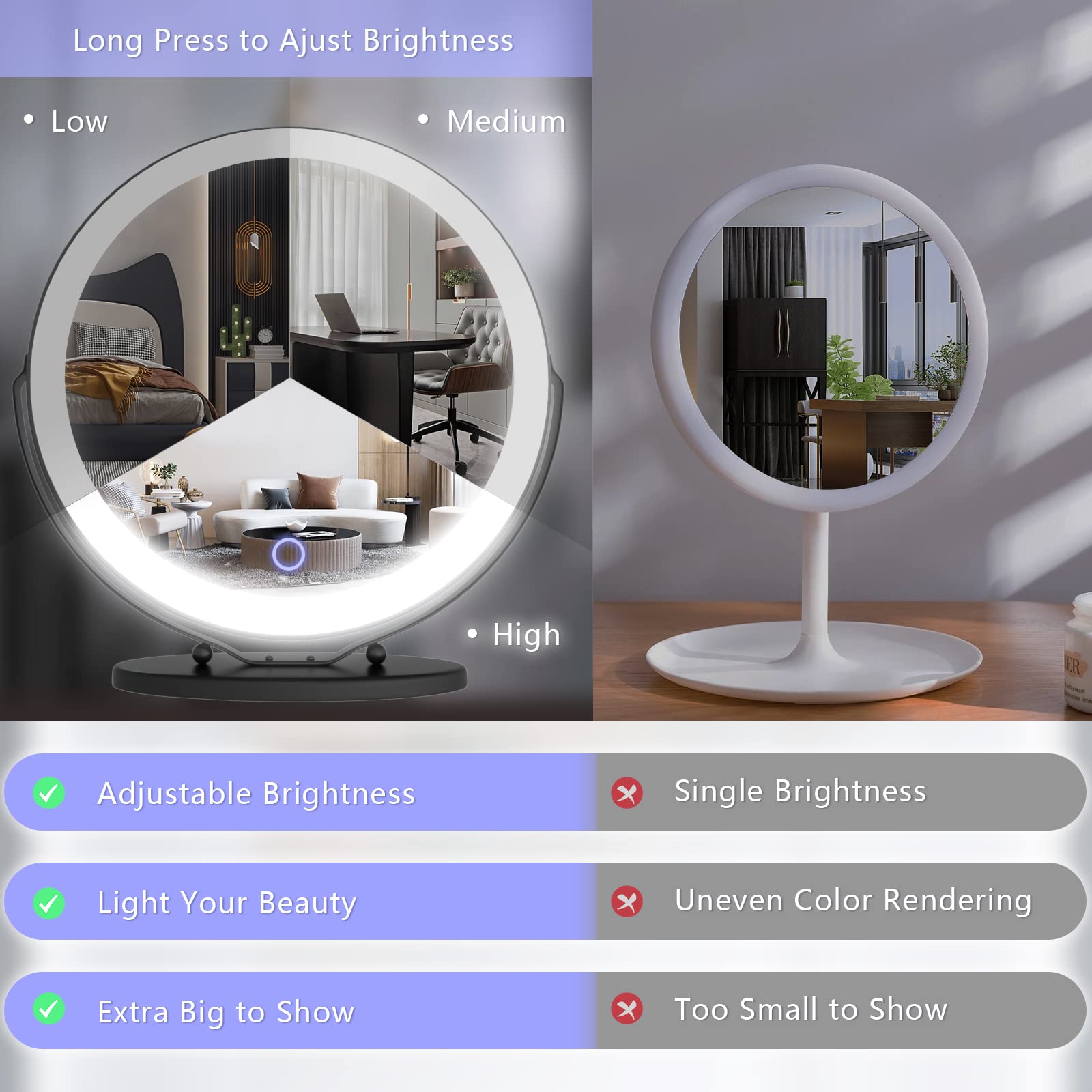 Vierose 20 inch Large Vanity Makeup Mirror with Lights, 3 Color Lighting Modes | Round Lighted Up Makeup Mirror with Dimming LED Halo for Dressing Room & Bedroom Tabletop, Touch Control (Black)