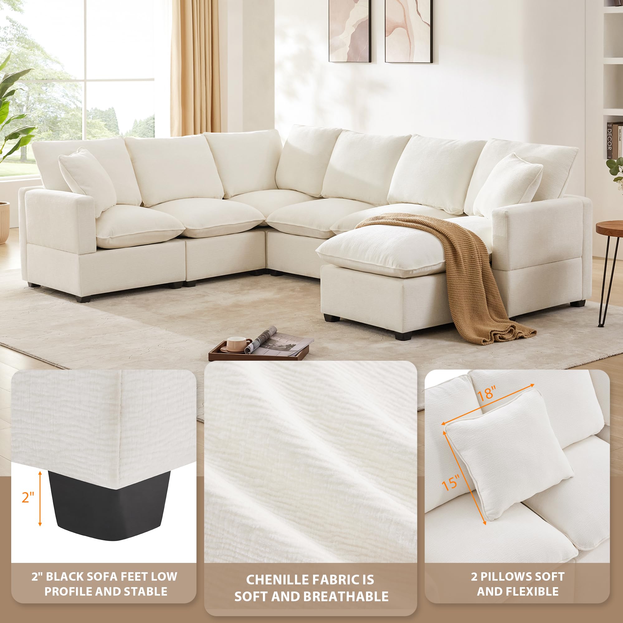 Tmsan 110" Chenille U Shaped Modular Sofa Cloud Couch, Modern 7 Seater Sectional Couch Set with 2 Pillows for Living Room Bedroom Apartment Office