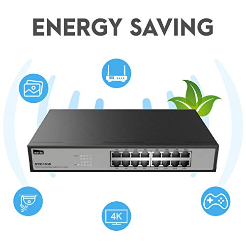 Netis ST3116GS 16 Port Unmanaged 10/100/1000M Gigabit Ethernet Switch with Sturdy Metal Desktop Size | Expandable to Standard 19 inch Rack Mount with Included Mounting Bracket, Gigabit 1000Mbps