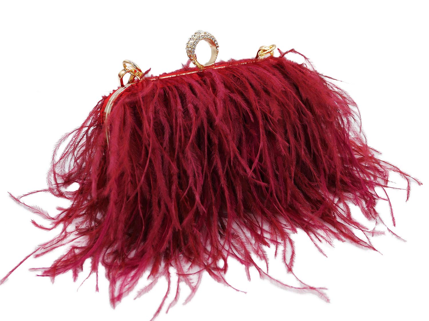 QEBURI Women Fluffy Ostrich Feather Evening Dress Clutch Bag Purse Shoulder Bag (Wine)