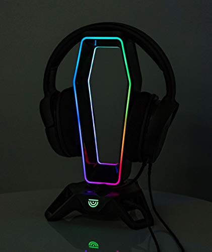 TRUSYO AUDIO THE PORTAL USB 3.0 headset stand with dual RGB lights, 3 usb charger ports, a headphone holder for wired or wireless headphones, great for gaming stations. A gaming accessory.