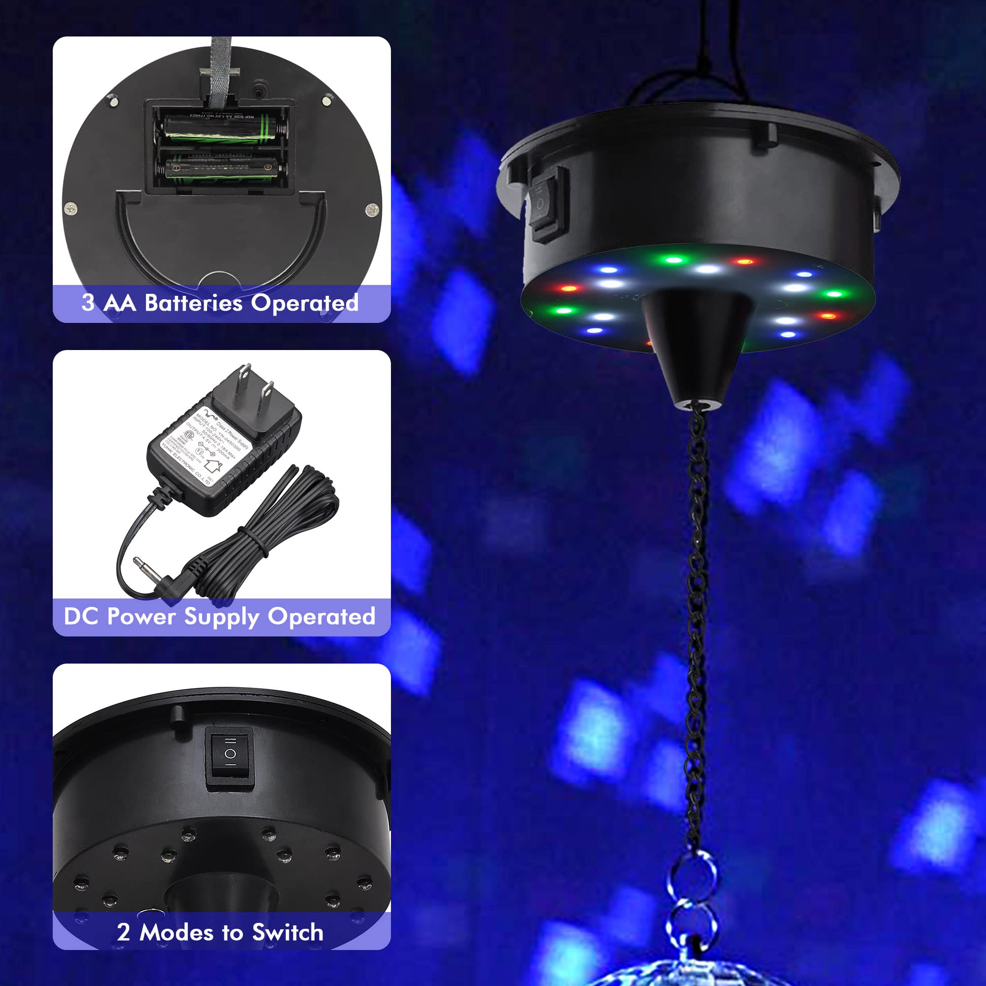 Yescom 12" Mirror Disco Ball w/ 6RPM Rotating Motor & 3W Multicolors LED Pinspot Spot Light Kit Home Party Club Lighting