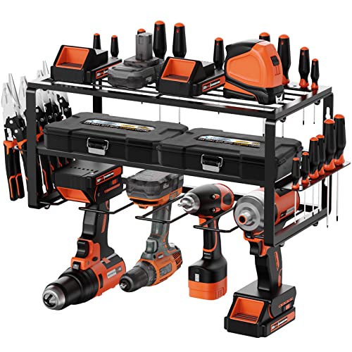 TICONN Heavy Duty Tool Organizer Rack, Garage Wall Mounted Electric Drill Storage Rack with Charger Shelf with 100lbs Weight Limit (Basic Side tool Strips)