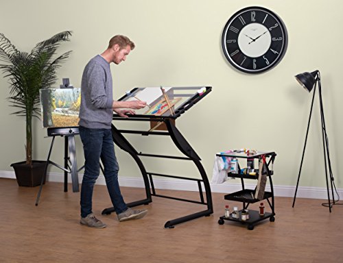 SD STUDIO DESIGNS Triflex Drawing Table, Sit to Stand Up Adjustable Office Home Computer Desk, 35.25" W X 23.5" D, Charcoal Black/Clear Glass