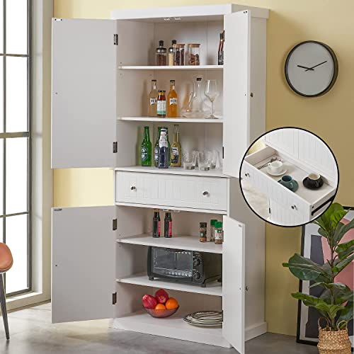 Freestanding Kitchen Pantry Cabinet Tall Storage Cupboard with Doors and Adjustable Shelves for Kitchen, Living Room, Dining Room, White