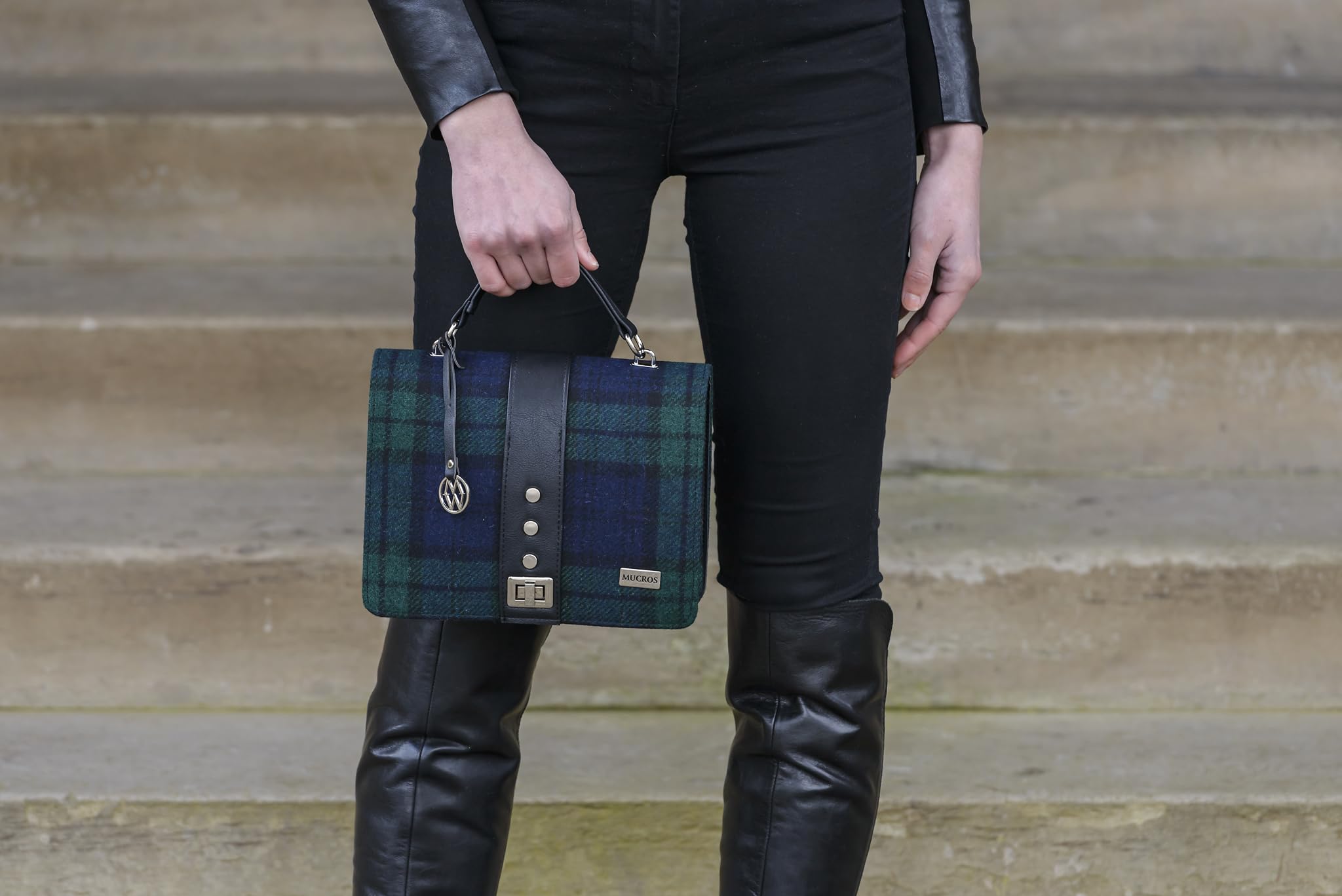 Mucros Weavers Ladies Handbag - Fiona Style - Wool & PU Leather - Made in Ireland (Blackwatch Tartan)