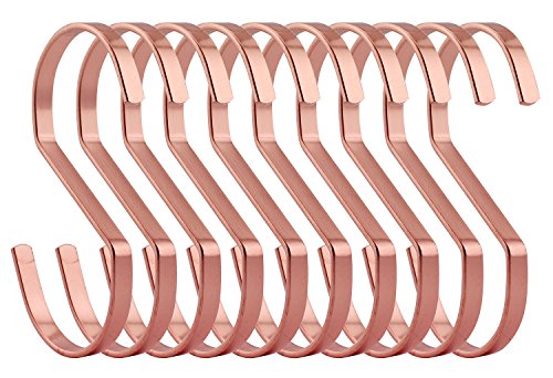 RuiLing 10-Pack 4 Inch Rose Gold Chrome Finish Steel Hanging Flat Hooks - S Shaped Hook Heavy-Duty S Hooks, for Kitchenware, Pots, Utensils, Plants, Towels, Gardening Tools, Clothes.