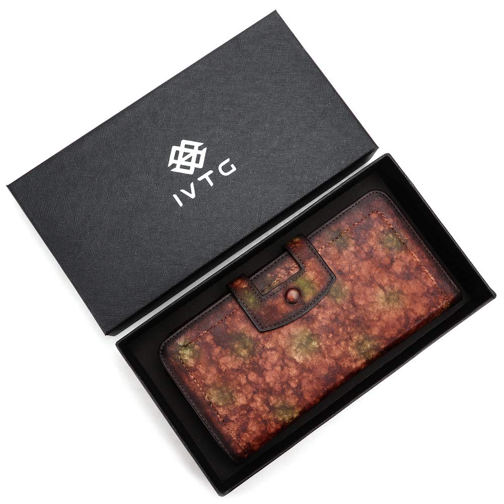 IVTG Genuine Leather Long Wallets for Women RFID Blocking Vintage Handmade Money Clip Card Holder with Zipper (Light Brown)