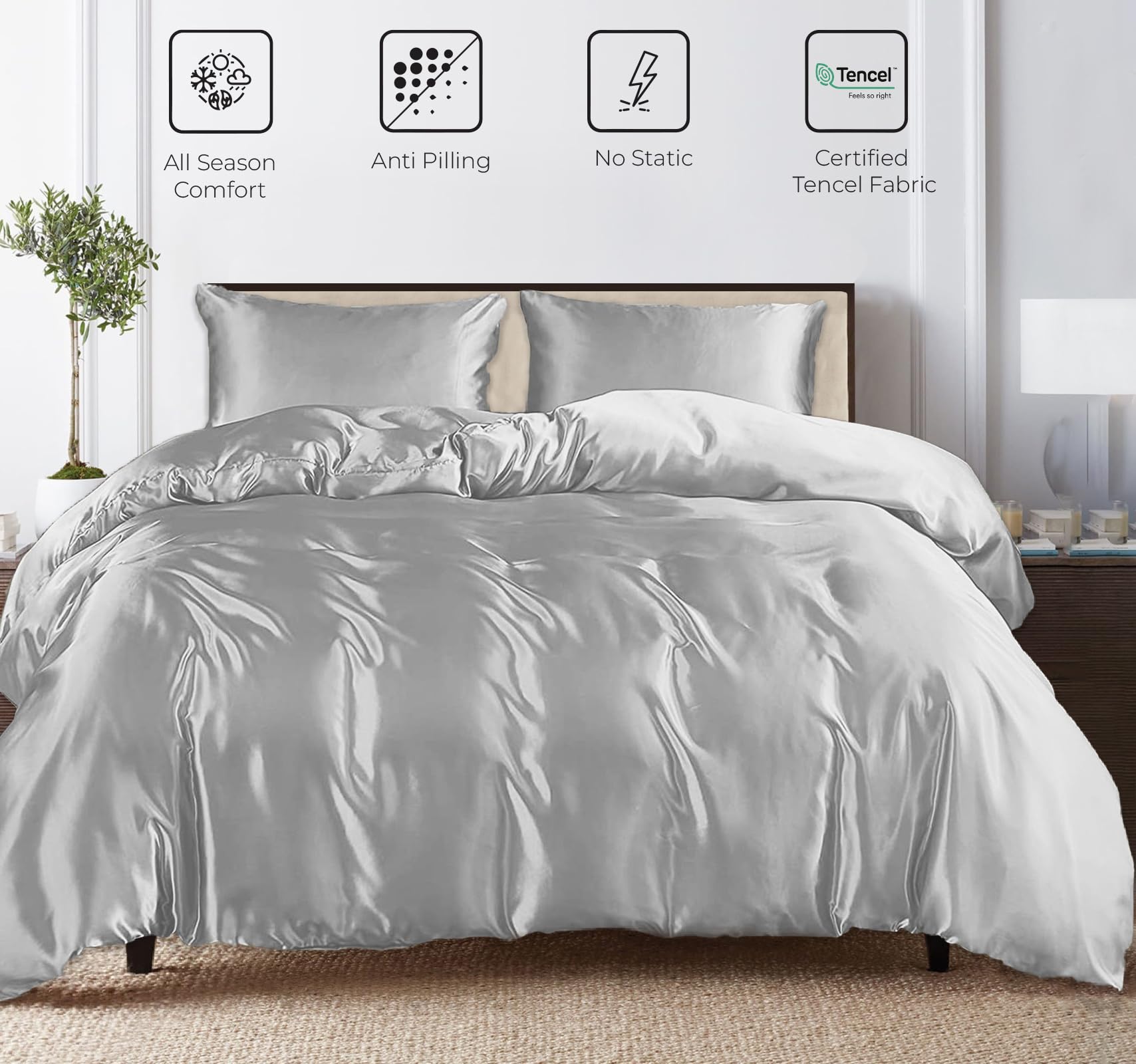 Linenwalas Tencel Lyocell Duvet Cover Set with Deep Pocket Fitted Sheet, Viscose Made from Eucalyptus Soft, Lightweight and Breathable Complete Bedding Set (Silver, Queen)