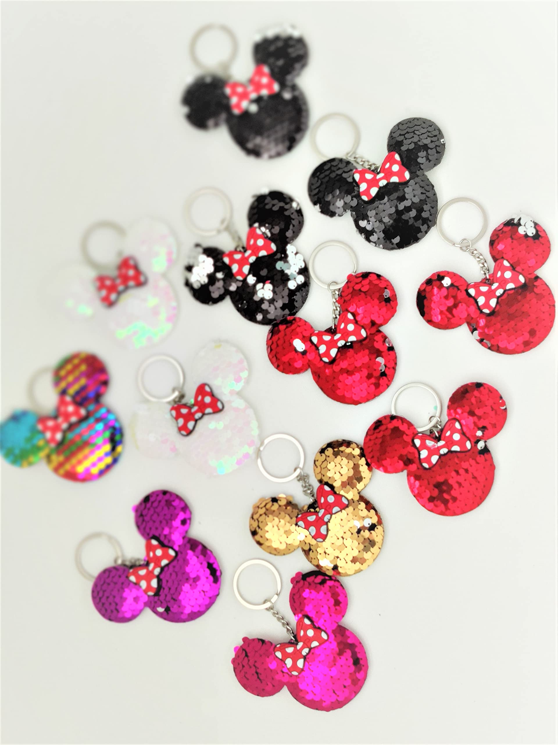 ITISMINE 12 pieces Sparkly BLINK Plush Reversible Sequin 3 inch Key Chain Appeal Backpack Bag Accessories (Minnie Shape), Red Pink Gold Silver Rainbow, 1 size fit all