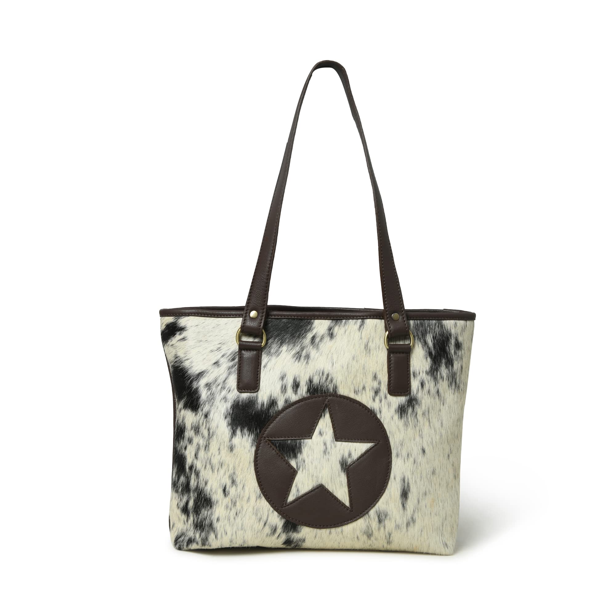 MOUSM Real Cow Hide Color Tones & Patterns of cowhides can vary Hair on Leather Printed Shoulder Bag, Top Handle Handbag for Women