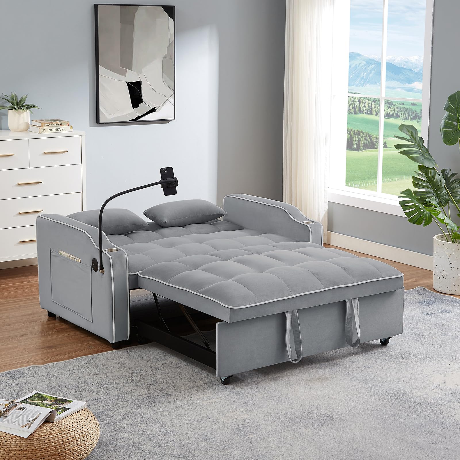 KINFFICT Pull Out Sofa Bed with Phone Holder, Convertible Velvet Loveseat Sleeper with USB Charging Ports, Futon Couch with Cup Holders and Adjustable Backrest, Dark Grey