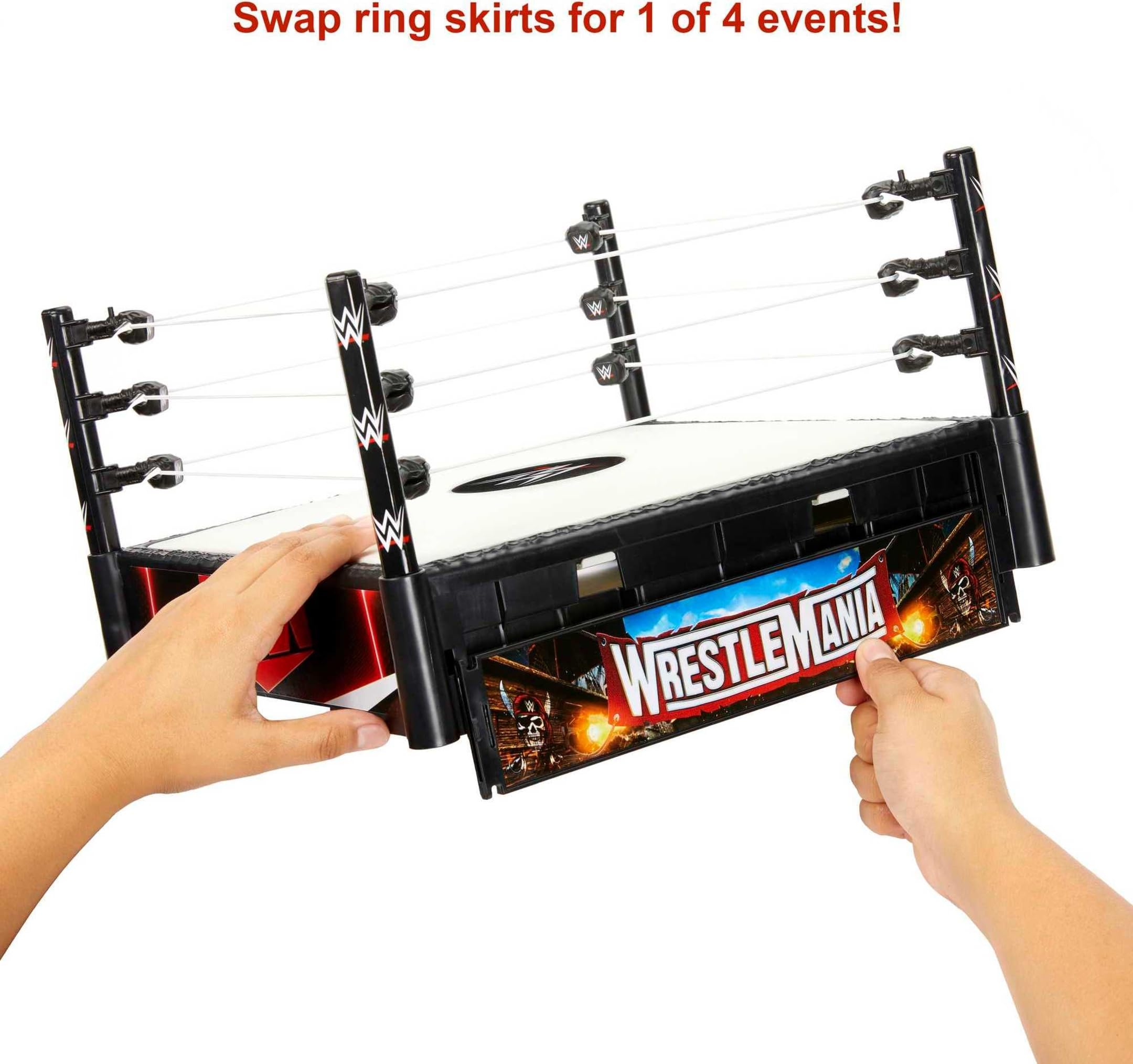 Mattel WWE Superstar Ring, 14 inches with Spring-Loaded Mat, 4 Event Apron Stickers & Pro-Tension Ropes for WWE 6-inch Action Figures
