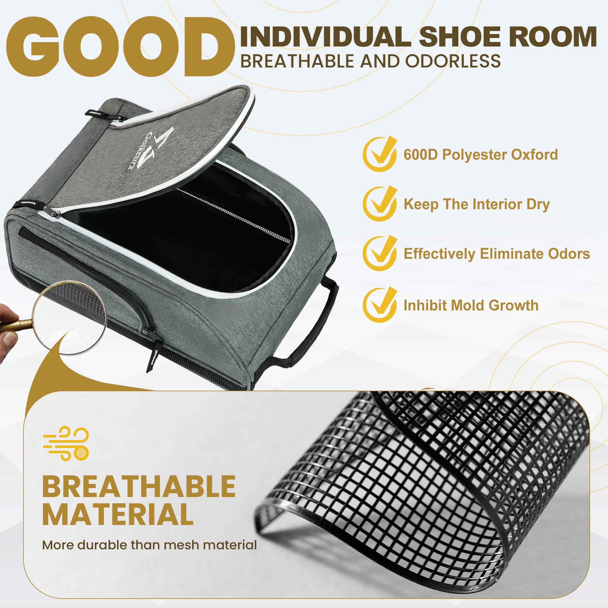 Golkcurx Golf Shoe Bag for Travel Zippered Sport Shoe Carrier Bags with Side Accessory Pockets for Socks, Tees, Golf Balls(Grey)