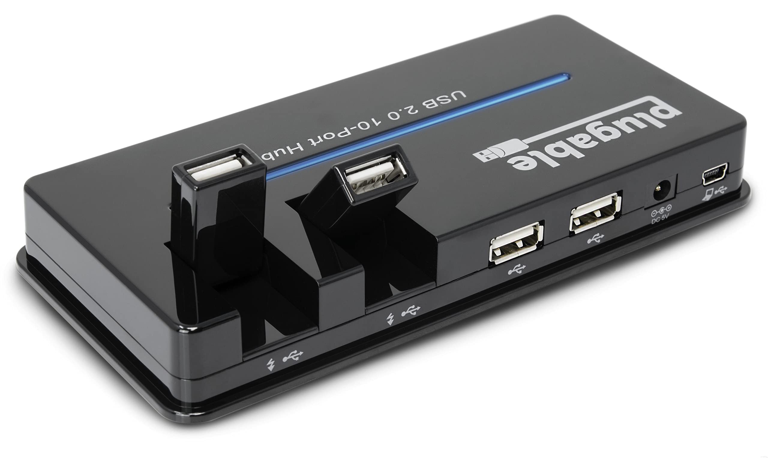 Plugable USB Hub, 10 Port - USB 2.0 with 20W Power Adapter, Two Flip-Up Ports and Driverless