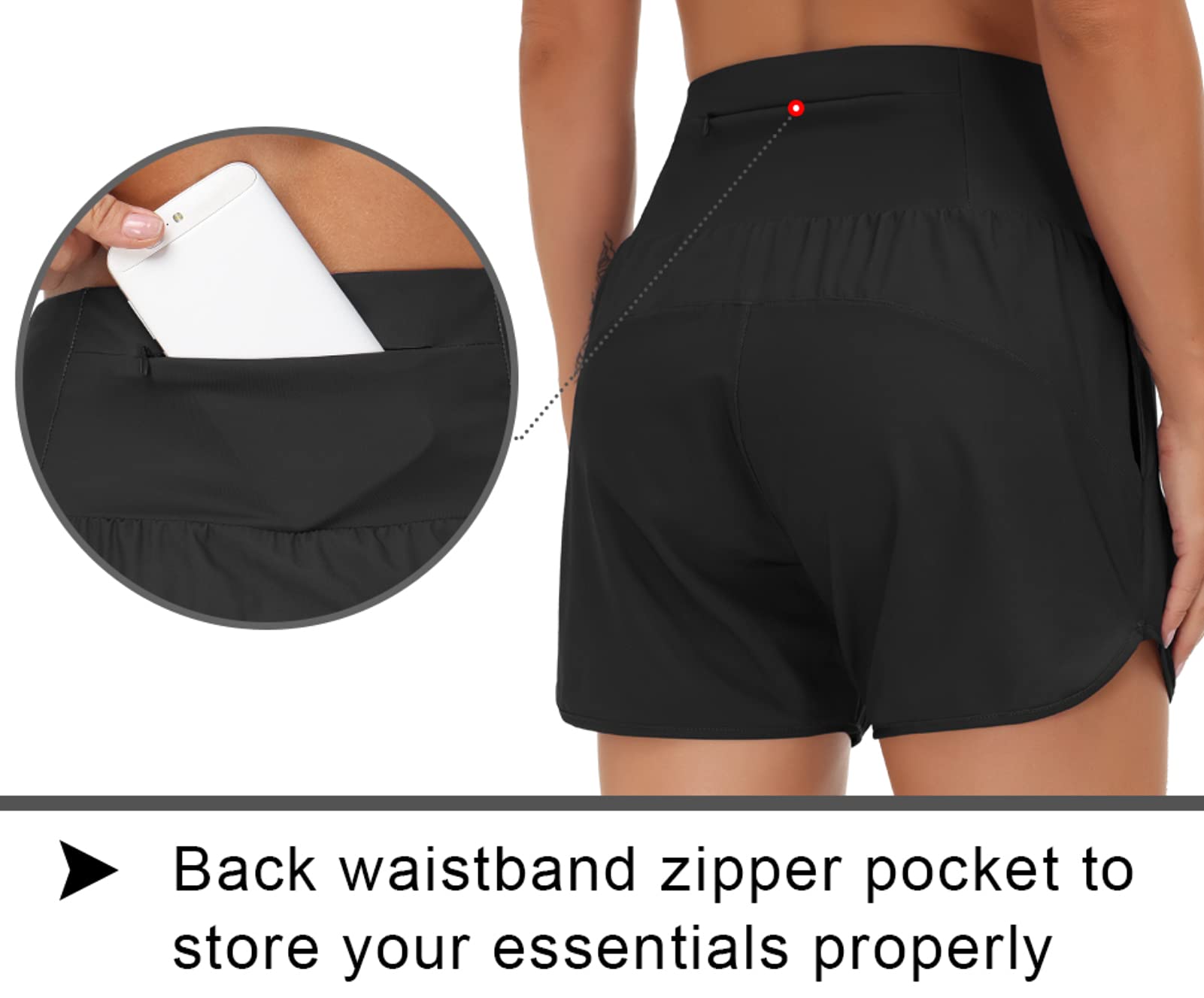 THE GYM PEOPLE Women’s High Waist Running Shorts with Liner Athletic Hiking Workout Shorts Zip Pockets (Black, Medium)