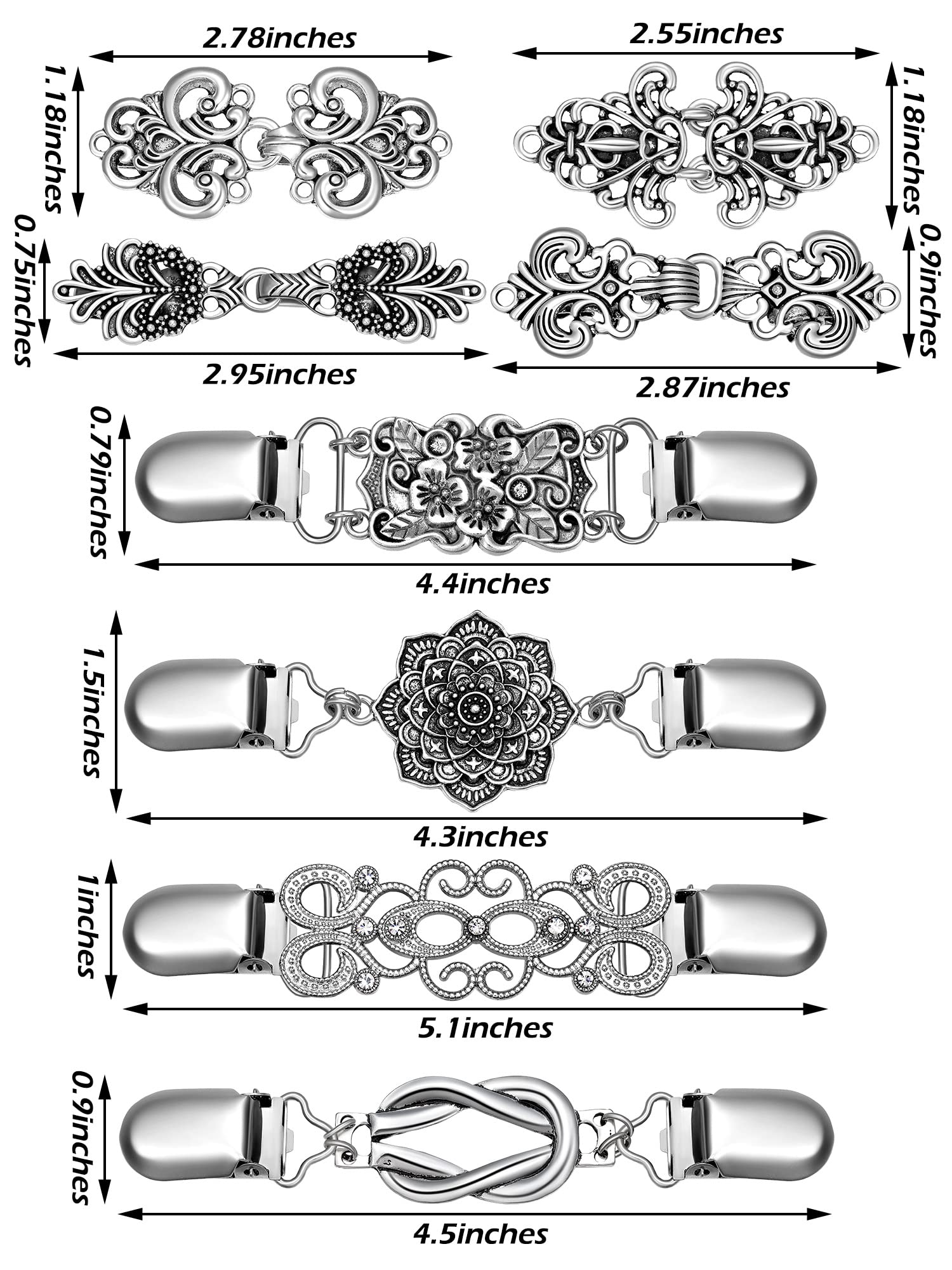 Juinte 8 Pcs Retro Sweater Clips Cinch Clips Shawl Clips Vintage Cardigan Collar Clips Dress Shirt Brooch Clips for Women(Silver)