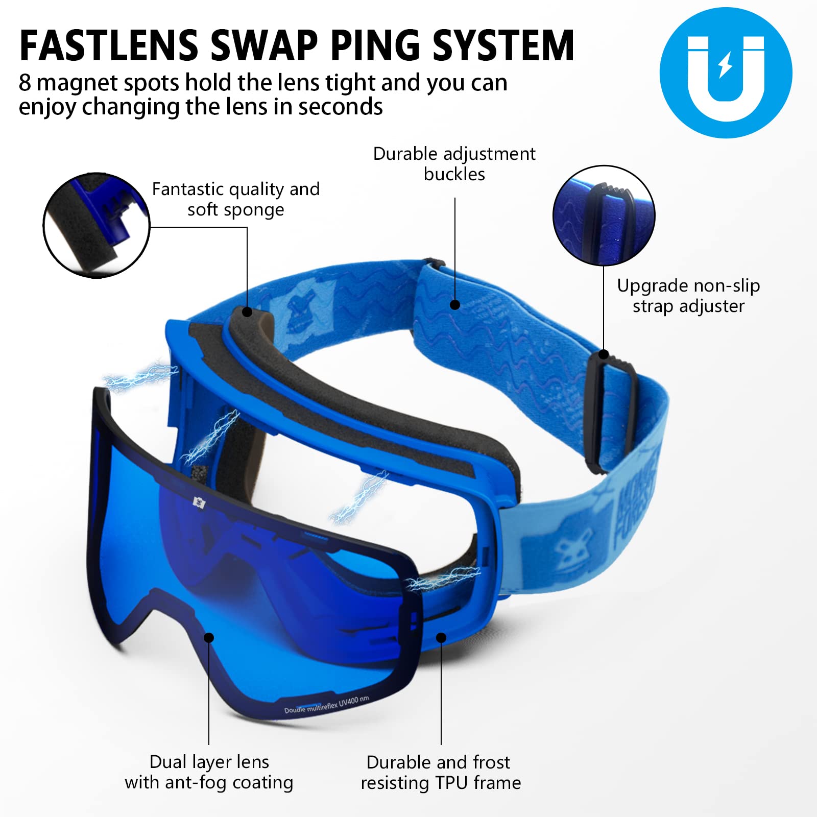 MONKEY FOREST Ski Goggles,Interchangeable Lens Anti-Slip Strap Snowboard Goggles