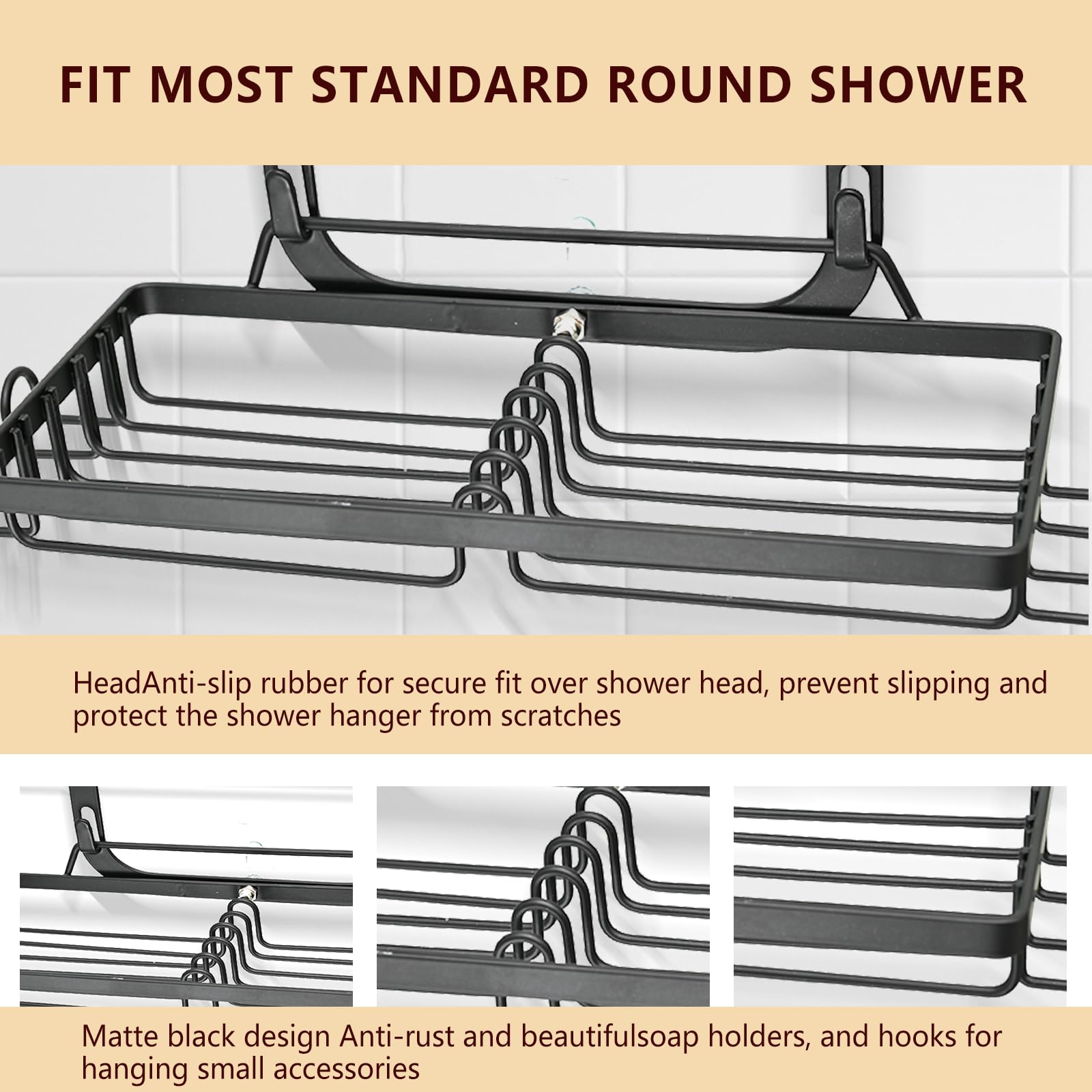 Lawhood-Mijin Shower Caddy Hanging, Over Head Shower Caddy Shower Storage Rack Basket with Hooks for Razor and Sponge Rustproof, No Drilling, Accessories for Bathroom and Kitchen, Black