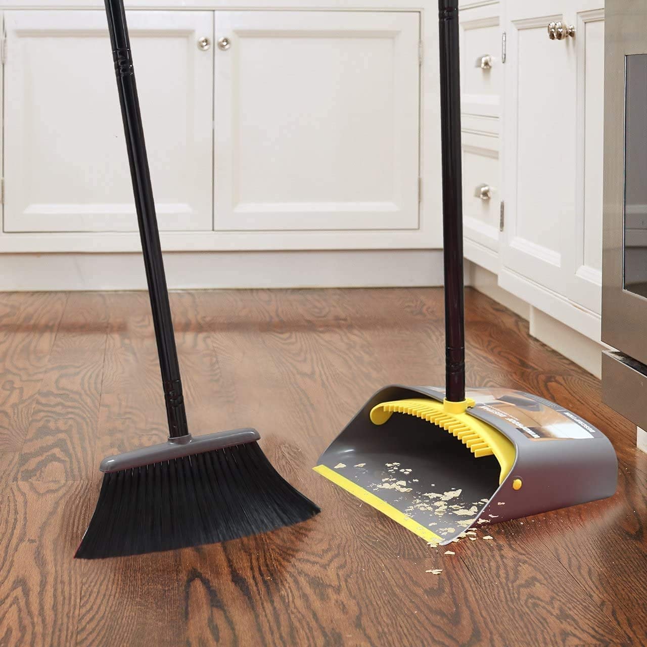 Krupasadhya Dustpan with Broom with Stainless Long Handle Set Stand Up Combo, Remove Hair with Built-in Wisp Scraper - Kitchen, Outdoor, Hardwood Floor, Garage & Tiles Upright Cleaning Supplies