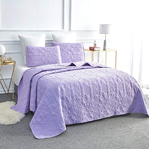 Sophia and William 3 Pieces Quilt Set Queen/Full Size with 1 Quilt and 2 Pillow Shams, Reversible Microfiber Bedding Bedspread Coverlet Set, Cozy, Lightweight and Hypoallergenic, Purple