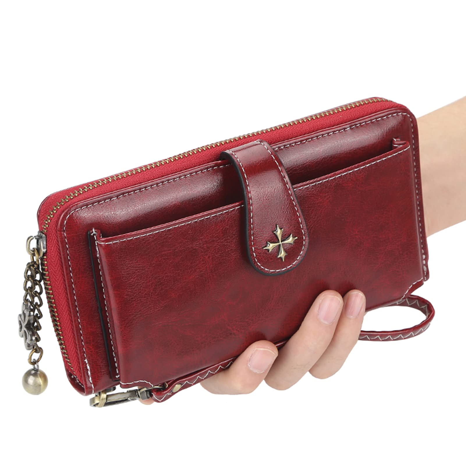 ZHIERNA PU Leather Wallet for Women, Credit Card Holder for 6.67in Cellphone, Zipper Around Wristlet Wallets (Wine Red)