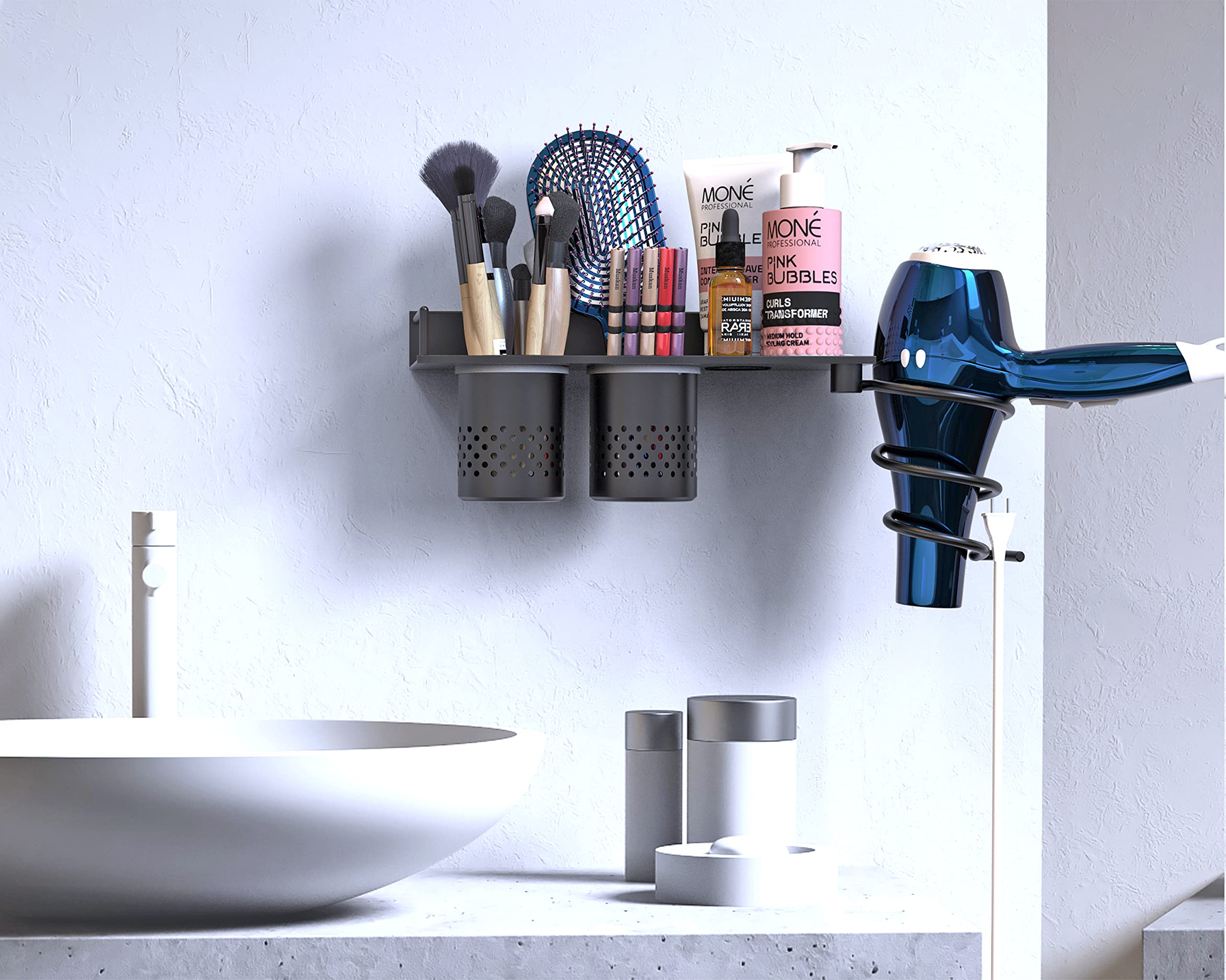 MyLifeUNIT Hair Dryer Holder, Hair Tool Organizer Wall Mounted with 2 Cups, Bathroom Blow Dryer Holder Shelf, Hair Styling Tools Organizer