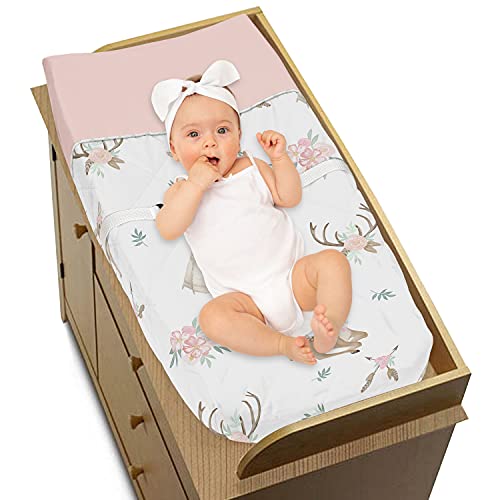 Sweet Jojo Designs Blush Pink, Mint Green and White Boho Changing Pad Cover for Woodland Deer Floral Collection