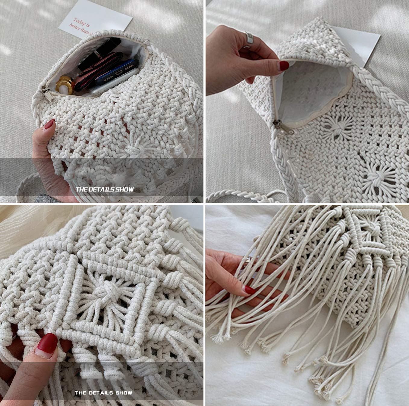 Nice Pies Women's Beach Straw Handbag Woven Tote Fishing Net Beach Bag Large Capacity Mesh Rope Combination Handbag (White)