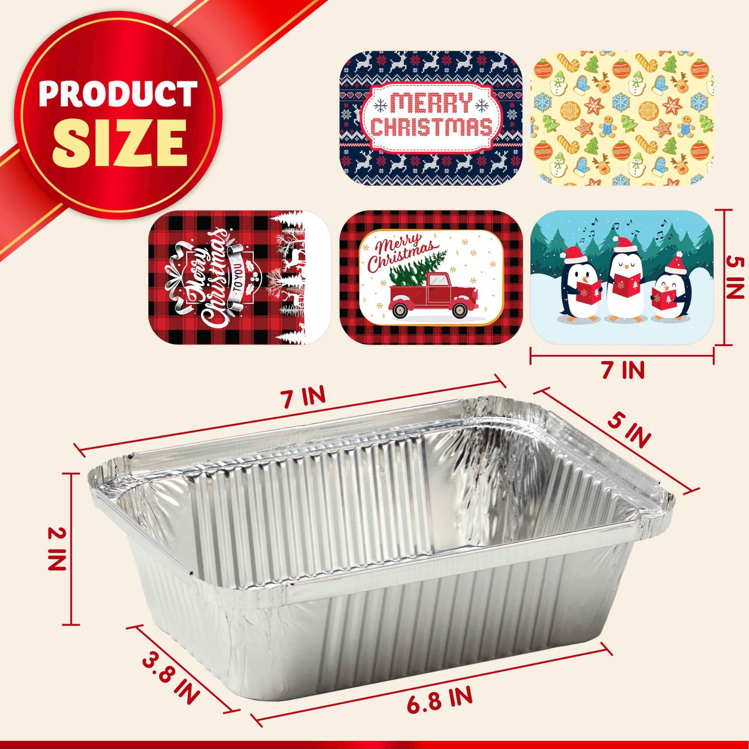 JOYIN 48 Pieces Christmas Foil Containers with Lids, 8 Holiday Designs, 7"x5"x2" Rectangular Treat Foil Containers, Disposable Food Storage Pan for Holiday Leftovers Goodie Container