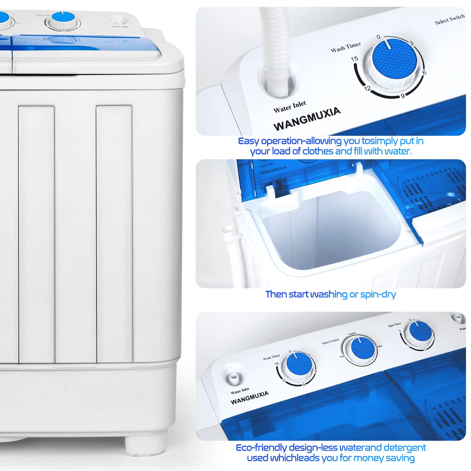 WANGMUXIA Portable Waher and Dryer, 2-in-1 Twin Tub 20lbs Capacity Washer(12lbs) and Spinner dryer(8lbs) Built-in Drain Pump,Timer Function, Apartments, Dorms, College Rooms, RV’s and more