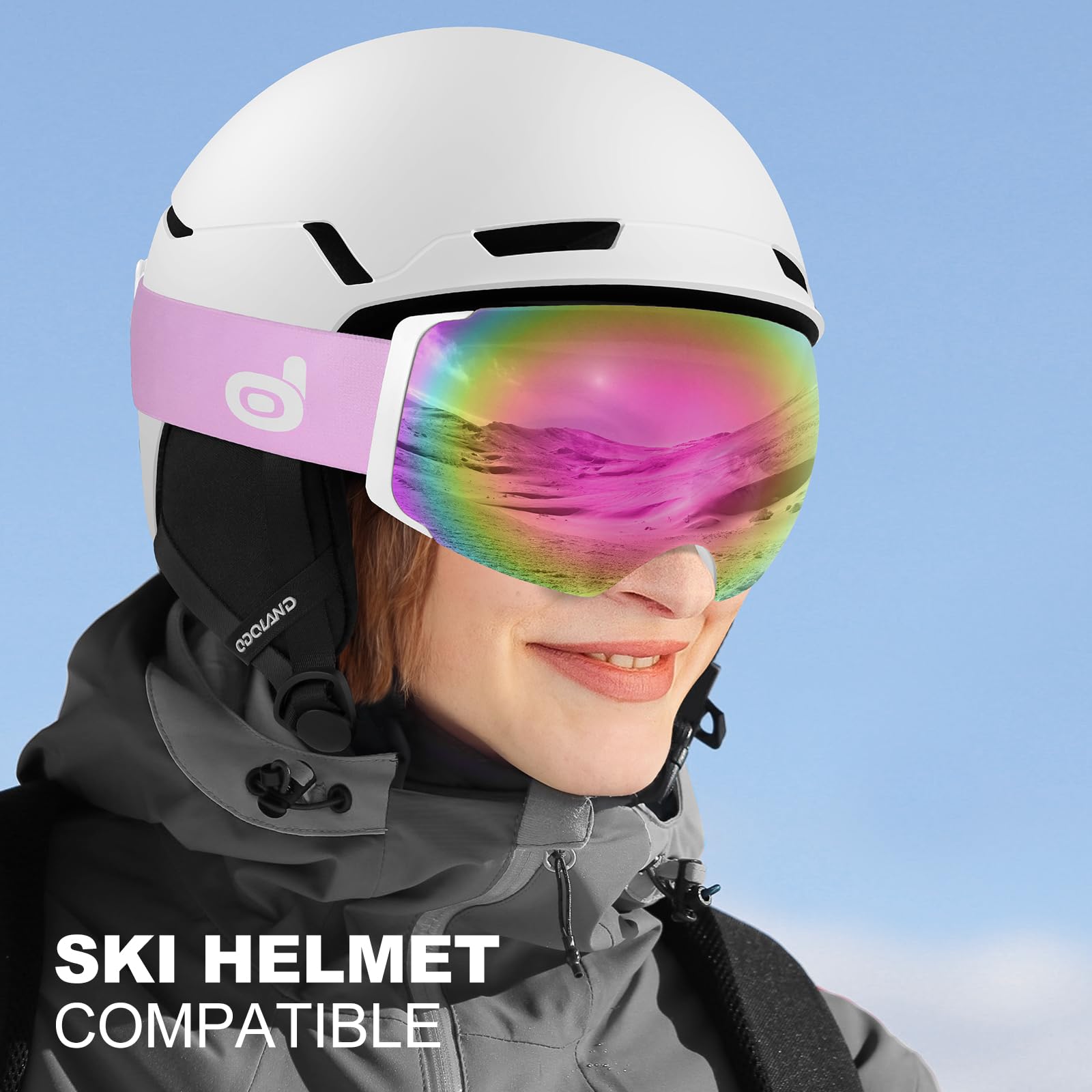 Odoland Magnetic Interchangeable Ski Goggles with 2 Lens, Large Spherical Frameless Snow Snowboard Goggles for Men Women, White Frame Purple Lens vlt 25%
