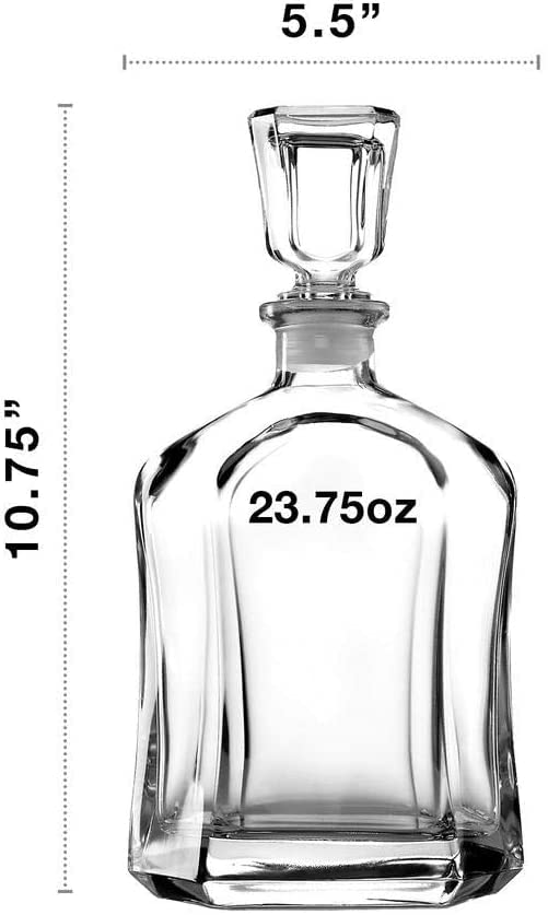 Whiskey Decanter Set with Whiskey Glasses and Airtight Stopper for Vodka, Bourbon, Brandy. Italian Glass | 23.75oz with 2 pack 11oz glasses, Made in Italy