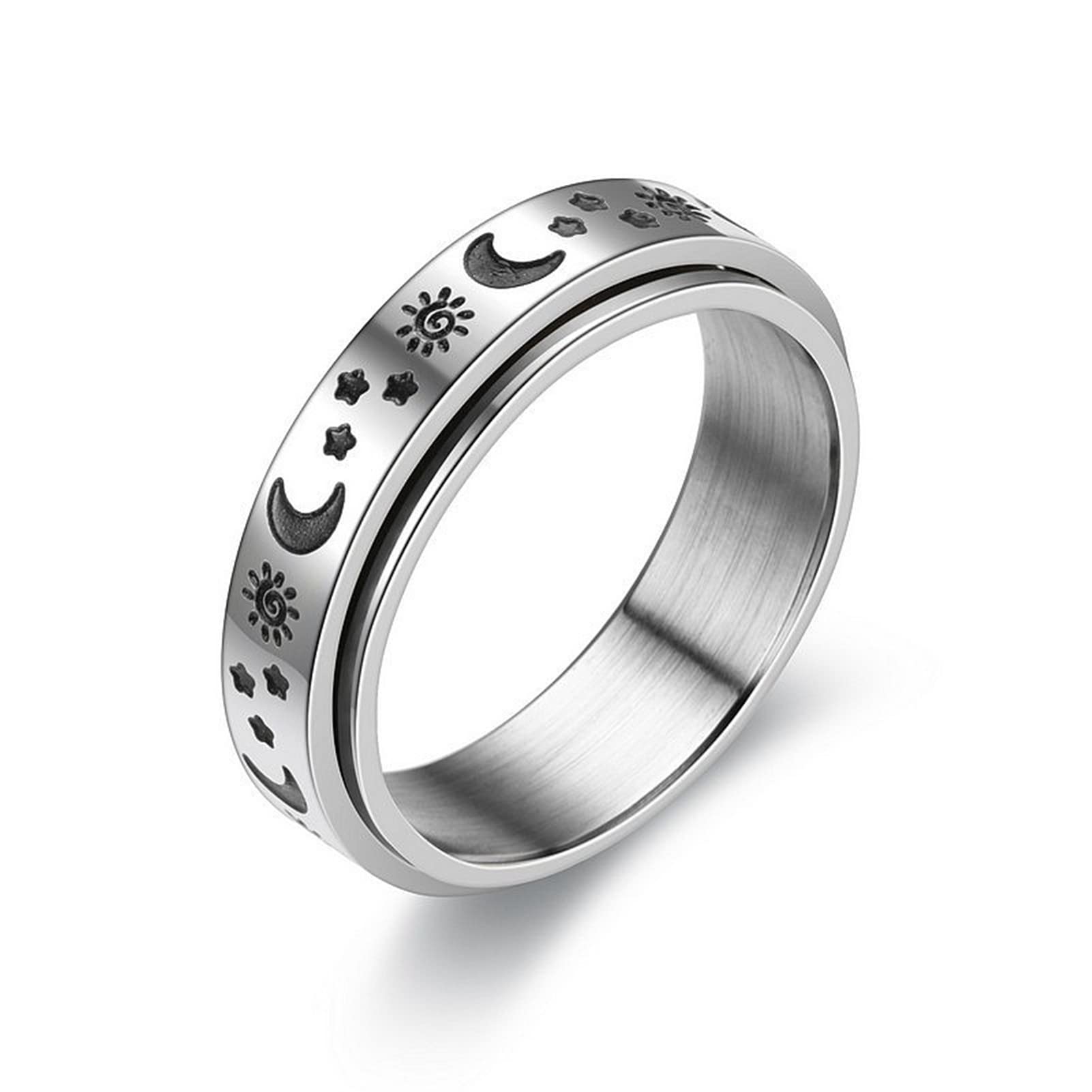 COLORFUL BLING 4 Piece Stainless Steel Spinner Band Ring Set Hypoallergenic Relieving Stress Moon Star Heart Sand Blast Finish Wedding Ring-Size 12