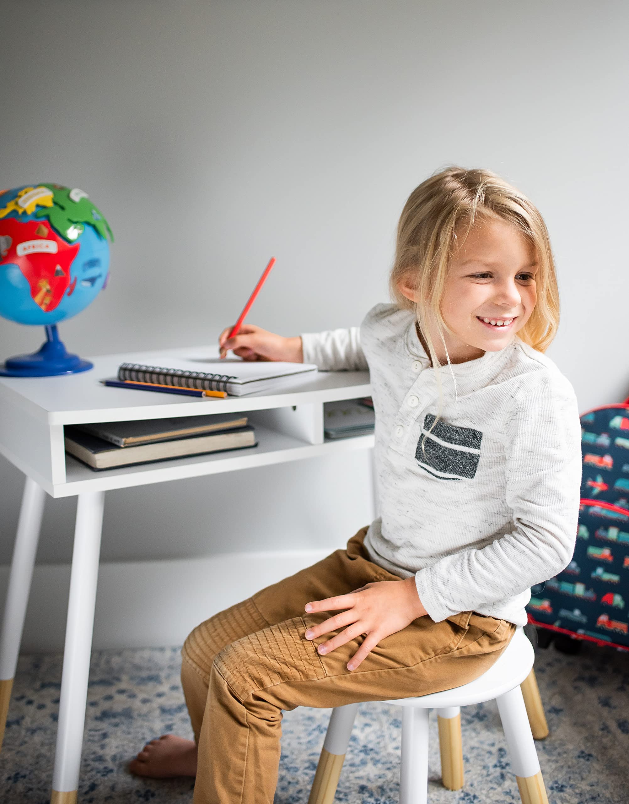 Wildkin Kids Premium Homework Desk with Storage and Stool Set for Boys and Girls, Includes One Matching Stool, Classic Timeless Design Features Solid Wood Legs (White w/Natural)
