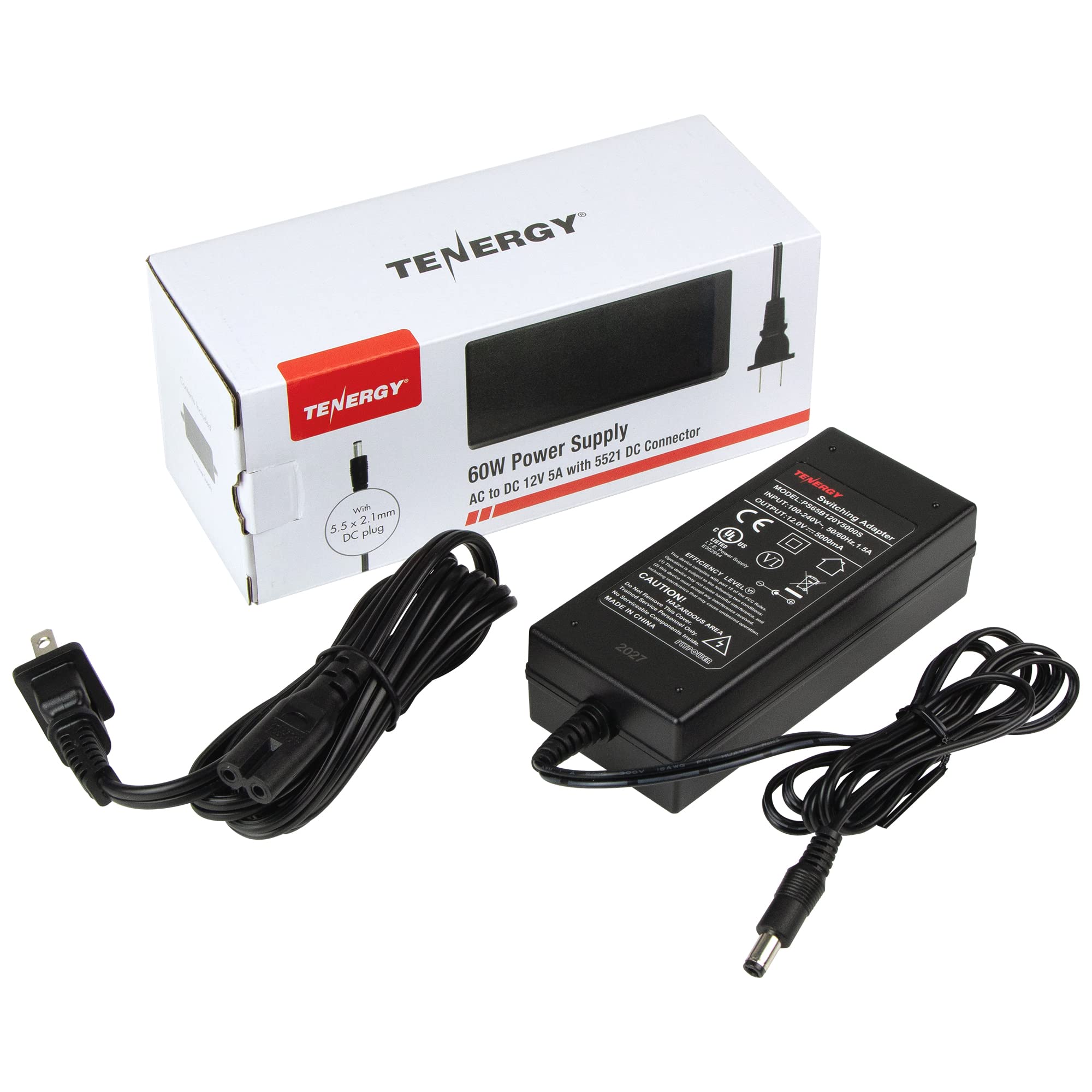 Tenergy 100V -240V AC to 12V DC 5A 60W Switching Power Supply Adapter for TB6 Balance Charger, LED Strip Lights, Outdoor Security Cameras and Audio Amplifier, with 5.5 x 2.1mm DC Plug