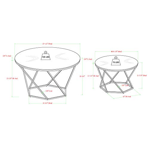 Walker Edison Modern Round Nesting Coffee Table Living Room Accent Ottoman Storage Shelf, Set Of 2, Marble and Gold
