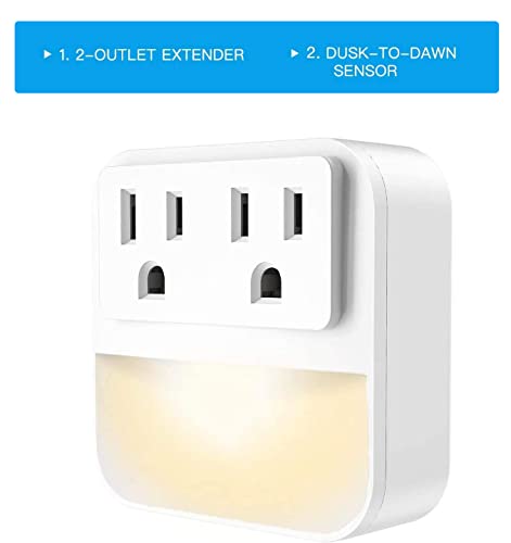 POWRUI Plug-in Night Light with 2-Outlet Extender, Warm White LED Nightlight with Dusk-to-Dawn Sensor for Bedroom, Bathroom, Kitchen, Hallway, Stairs, 4-Pack