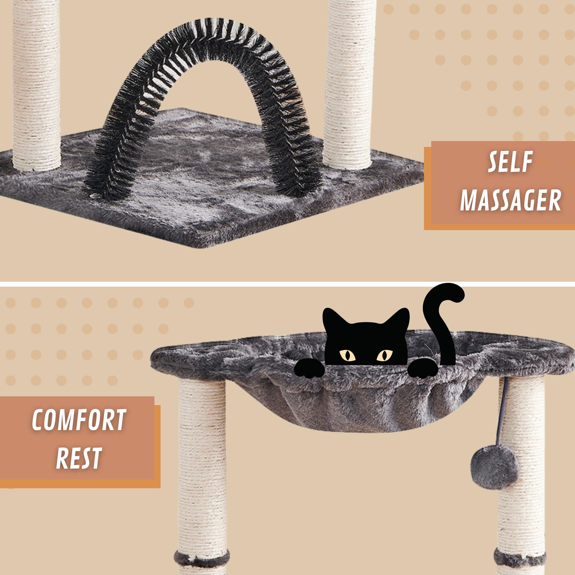 POLIPETS 19” Tall Cat Tower with Hammock,Sisal Scratching Posts and Pets Self Groomer Massager, Soft Hanging Basket Perch Hammock,Indoors Cat Furniture 16x15”, Gray