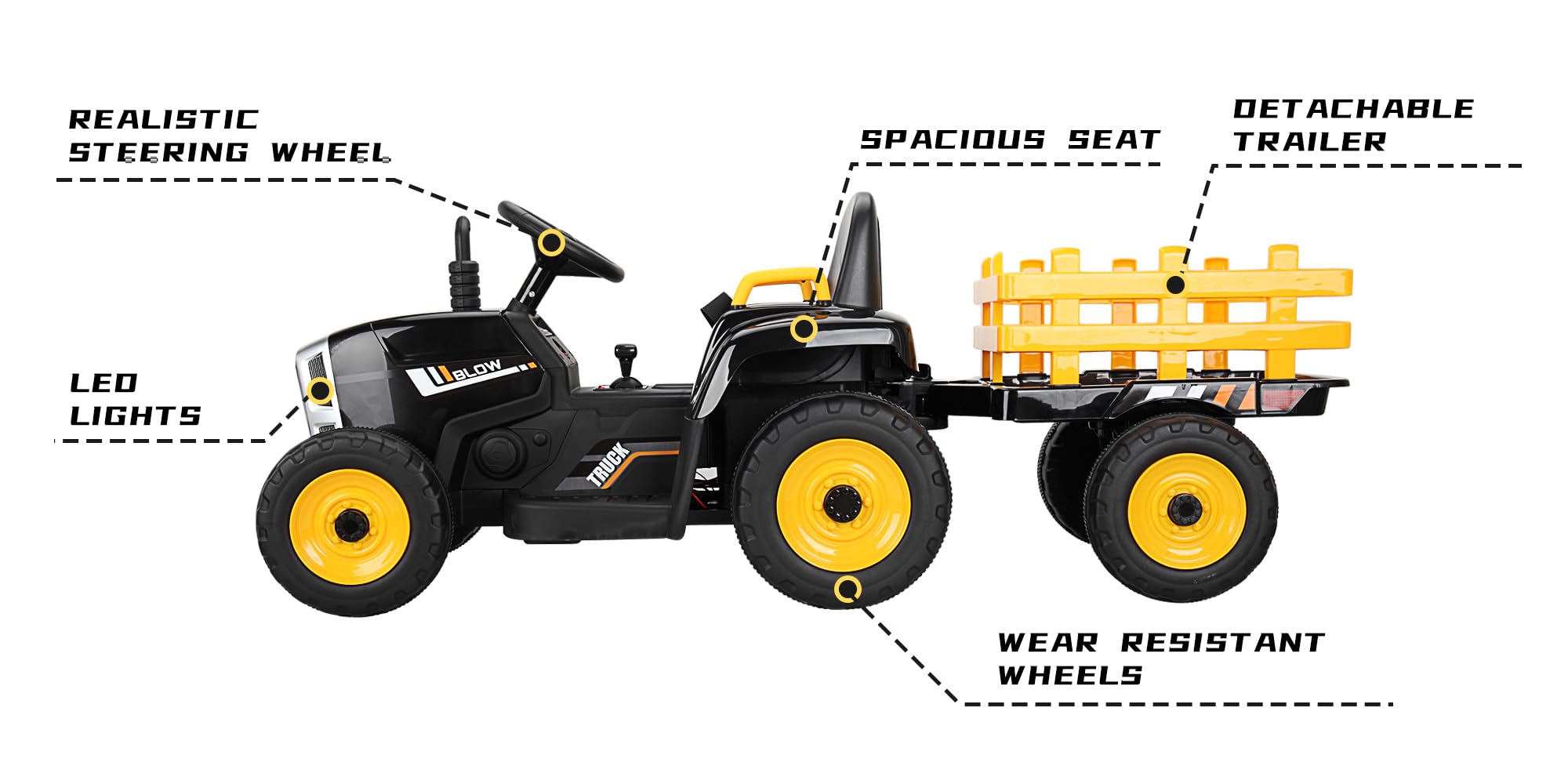 TOBBI Kids Electric Ride On Toy Tractor, 12v Battery-Powered 4 Wheels Ride On Car with Trailer for Toddlers 3-6 Years-Black