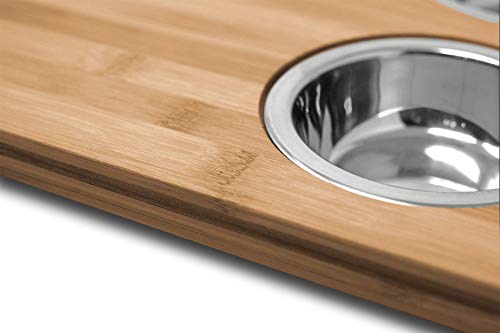VersaChop Duo, Large 18 inch X 12 inch Cutting Boards for Kitchen. Totally Natural Organic Moso Bamboo Cutting Board with Two Integrated Stainless Steel Bowls attached for organization and storage.