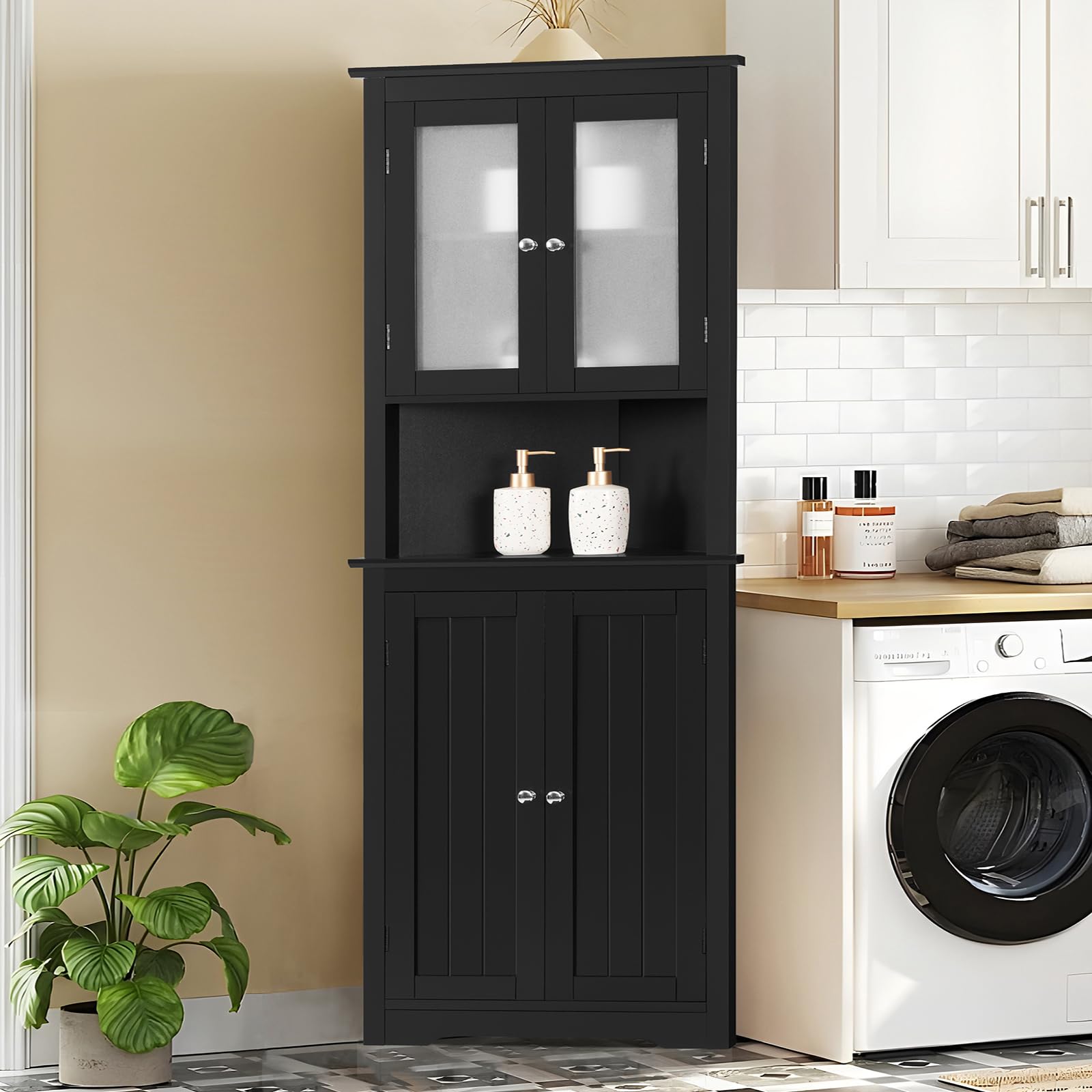 Iwell 63.8" Tall Corner Cabinet with 4 Doors and 5 Storage Shelves, Corner Bathroom Cabinet, Home Space Saver for Bathroom, Living Room, Kitchen, Black