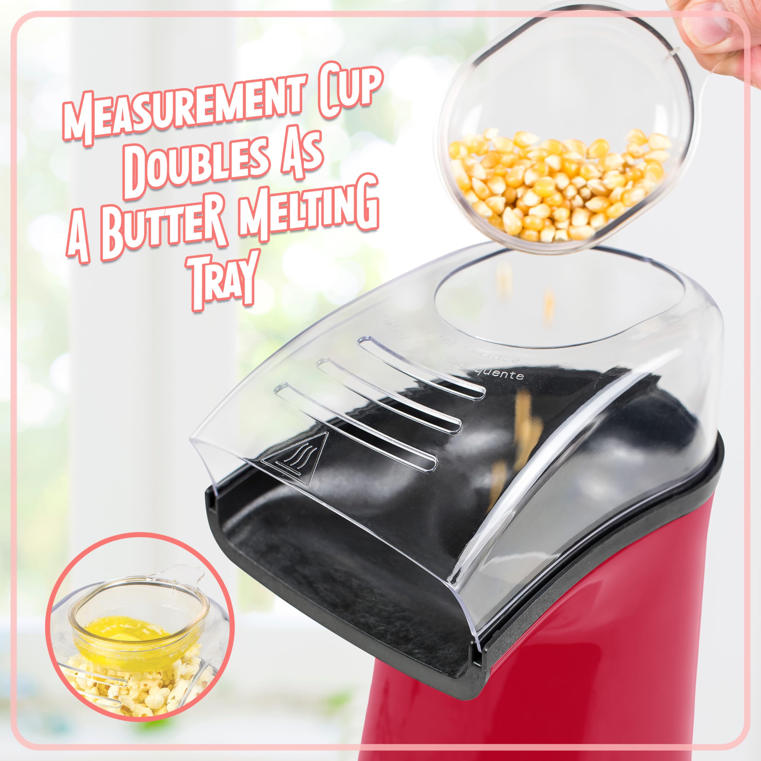 Nostalgia 16 Cup Hot Air Popcorn Maker | Makes Hot, Healthy Popcorn, No Oil Needed | Measuring Cap for Kernels Included | Stainless Steel | Red
