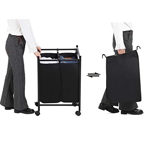 SONGMICS 2 Rolling Sorter, Laundry Basket on Wheels, Hamper with Removable Bags, Total Capacity 90L, Black LSF002BK, Polyester, 50,5 x 41 x 79,9 cm (L x B x H)